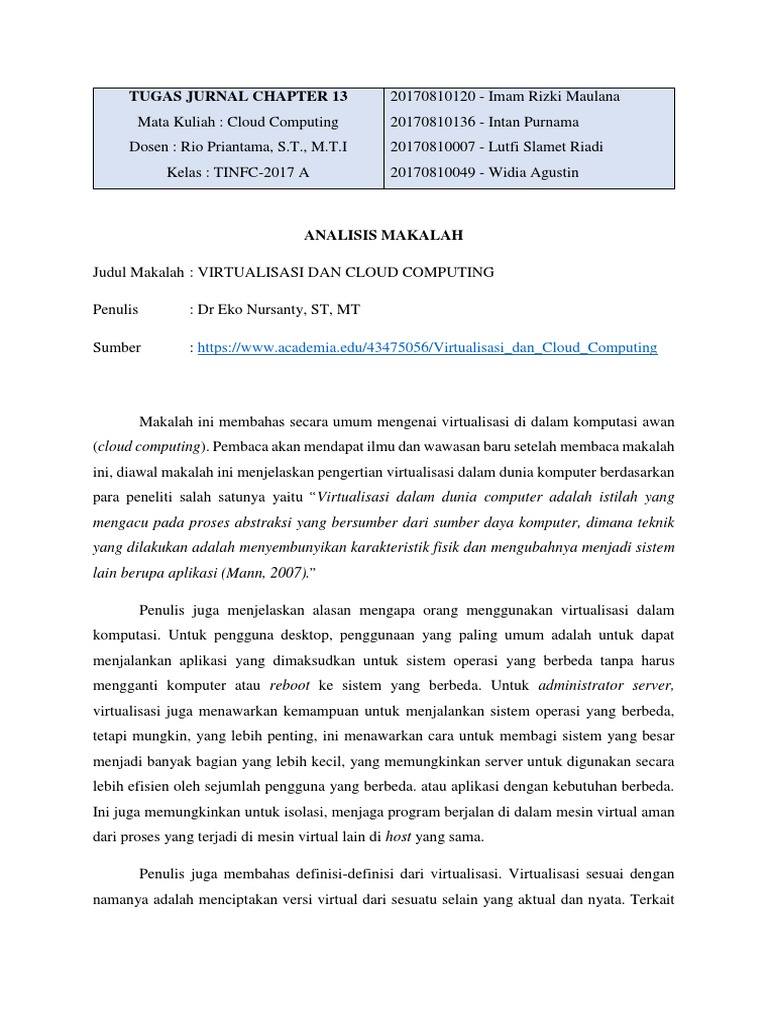 TUGAS JURNAL CHAPTER 13-Makalah Virtualisasi Dan Cloud Computing | PDF | Teknologi & Rekayasa