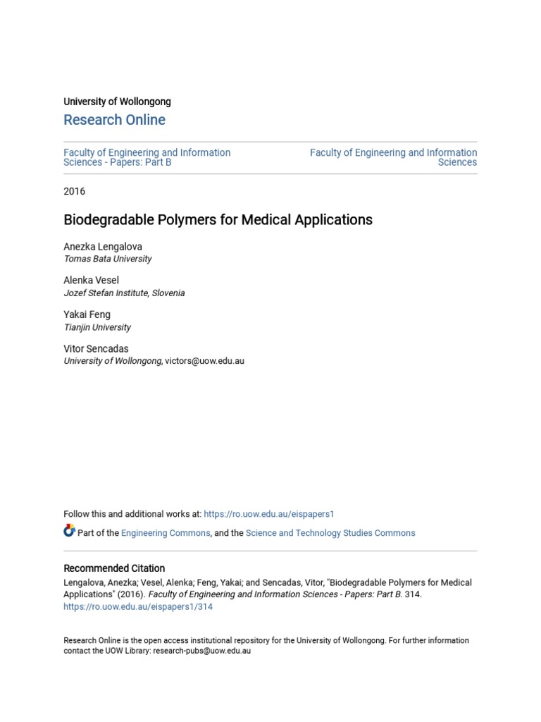 Biodegradable Polymers For Medical Applications | PDF | Tissue ...