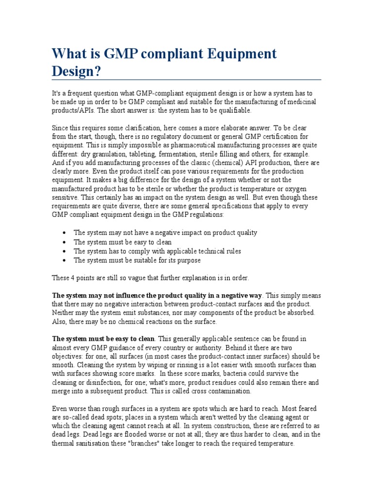 What Is GMP Compliant Equipment Design | PDF | Specification (Technical ...