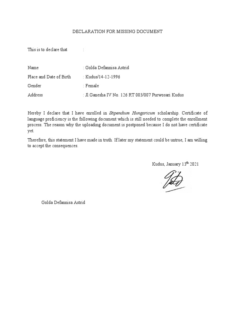 Declaration of Missing Language Proficiency Certificate for Stipendium ...