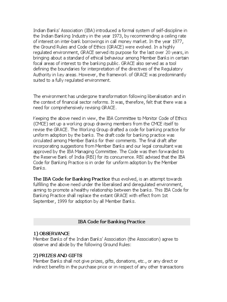 IBA Code For Banking Practice | PDF | Reserve Bank Of India | Banks
