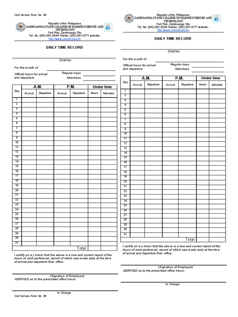 CSCForm48 DailyTimeRecordDTR | PDF | Business