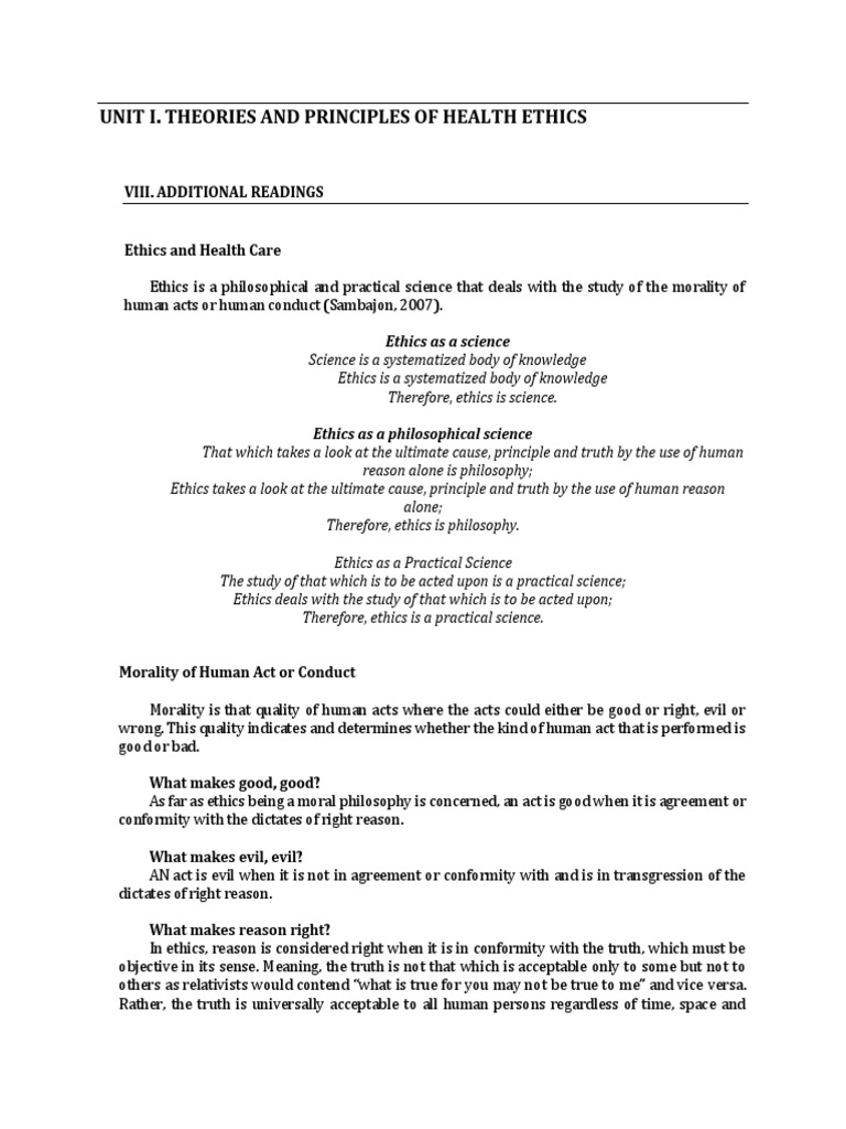 Unit I. Theories and Principles of Health Ethics: Viii. Additional ...