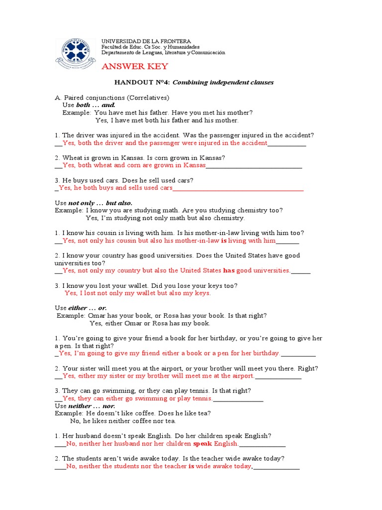 Answer Key Handout N°4 Combining Independent Clauses To Make Compound ...