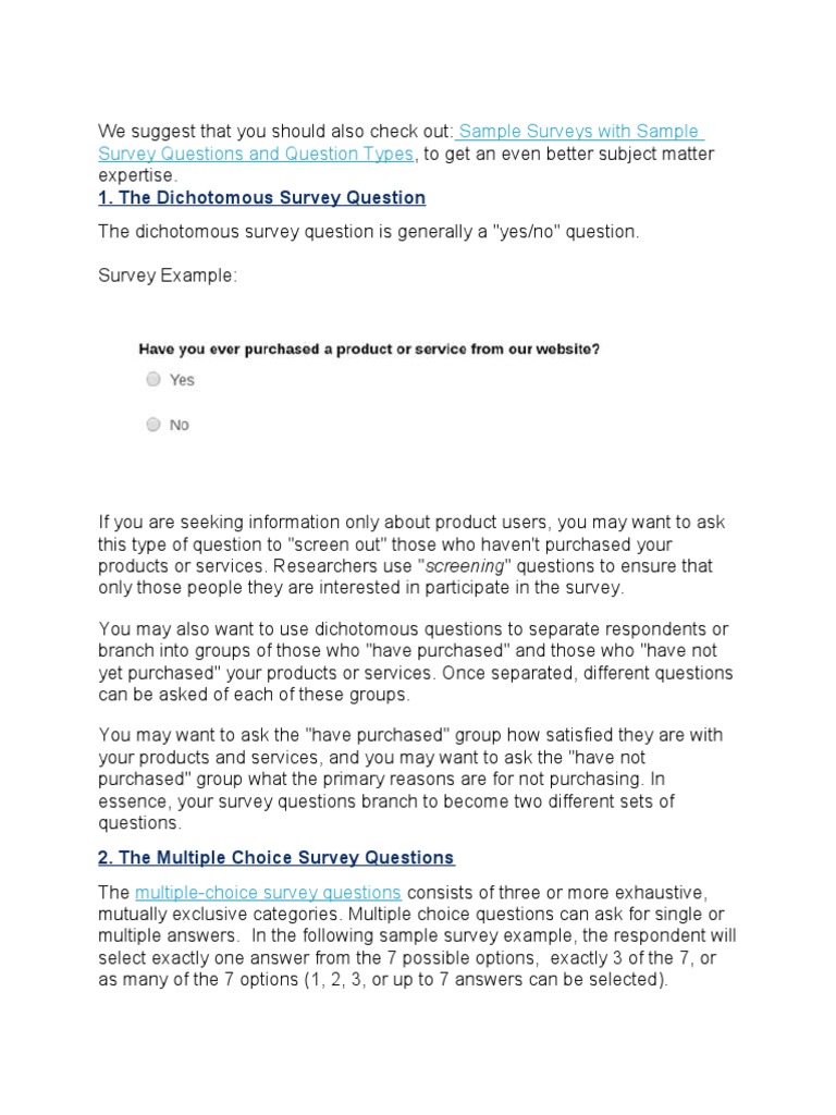 The Dichotomous Survey Question: Sample Surveys With Sample Survey ...