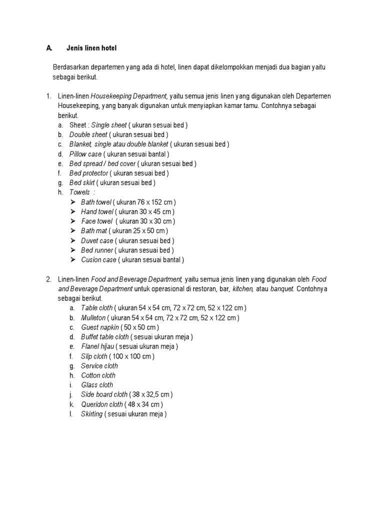 Jenis Linen, Proses Pencucian Dan Administrasi | PDF