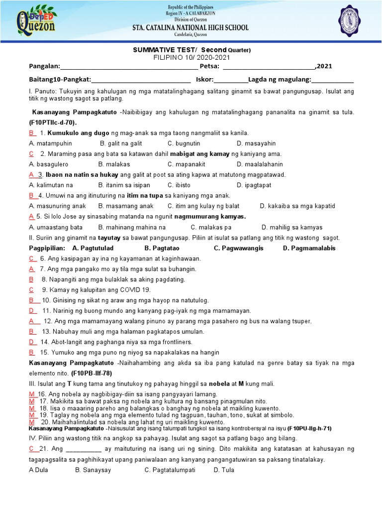 Summative Test 2ND - Answer Key | PDF