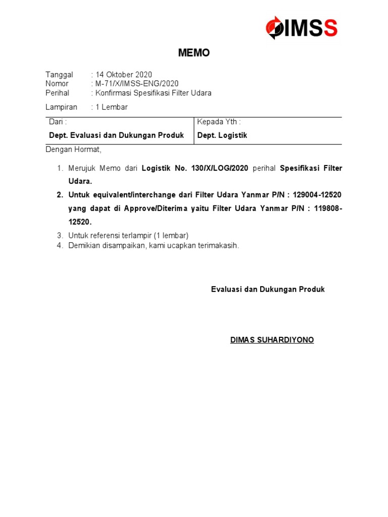 Memo Balasan Filter Udara Yanmar | PDF