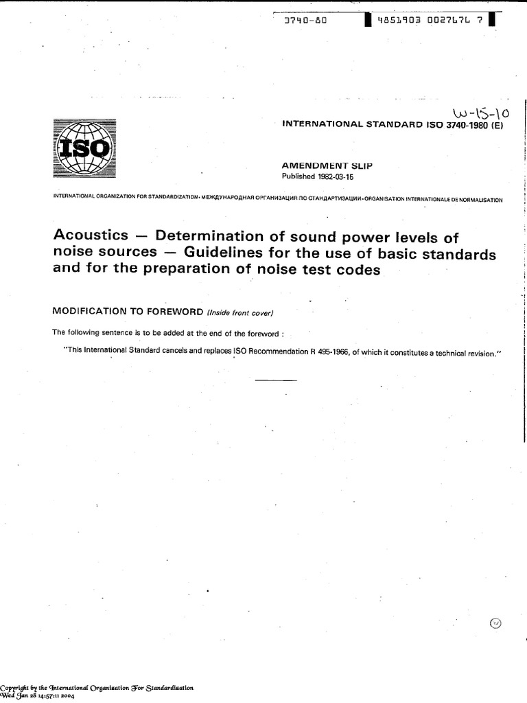 ISO 3740 1980, Acoustics, Determination | PDF