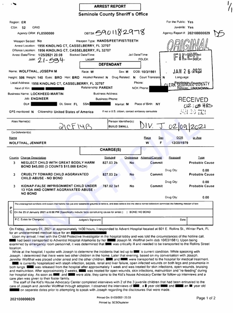 Jennifer Wolfthal and Joseph Wolfthal Arrest Affidavit | PDF