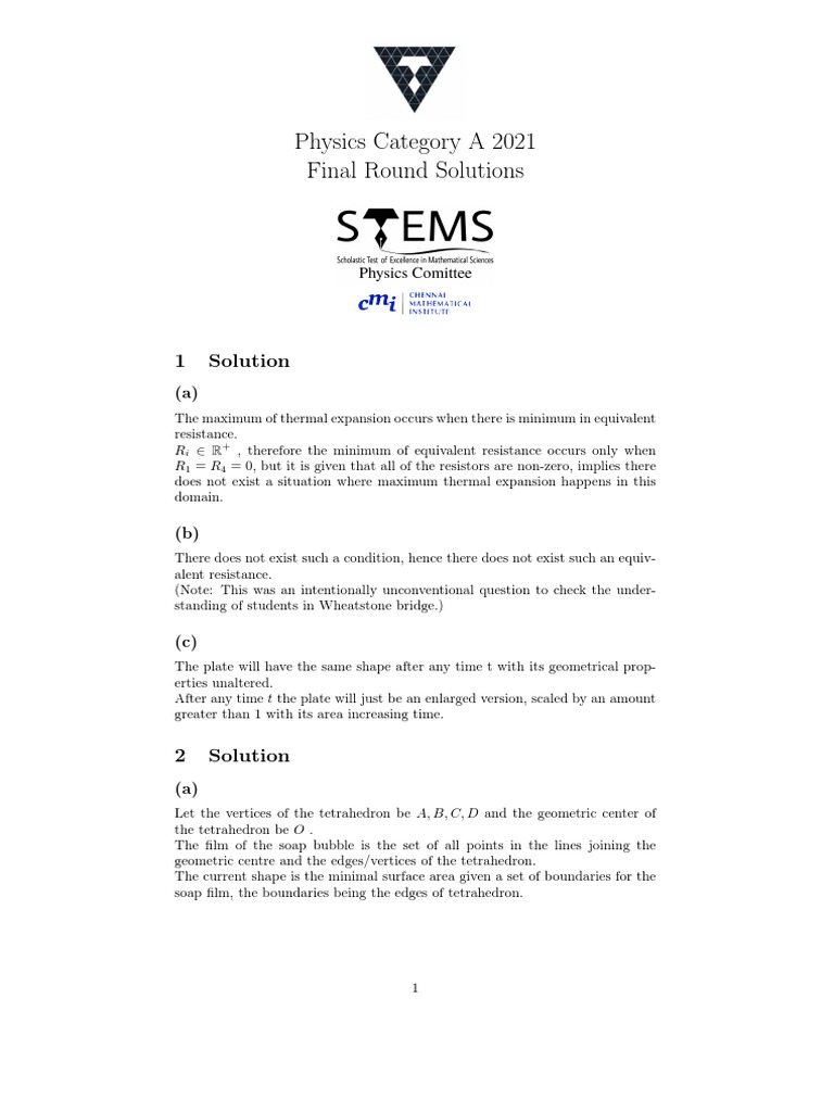 STEMS 2021 Phy A Final Solutions | PDF | Tetrahedron | Force