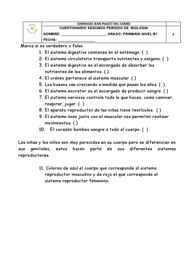 Cuestionario sobre los sistemas del cuerpo humano para estudiantes de ...