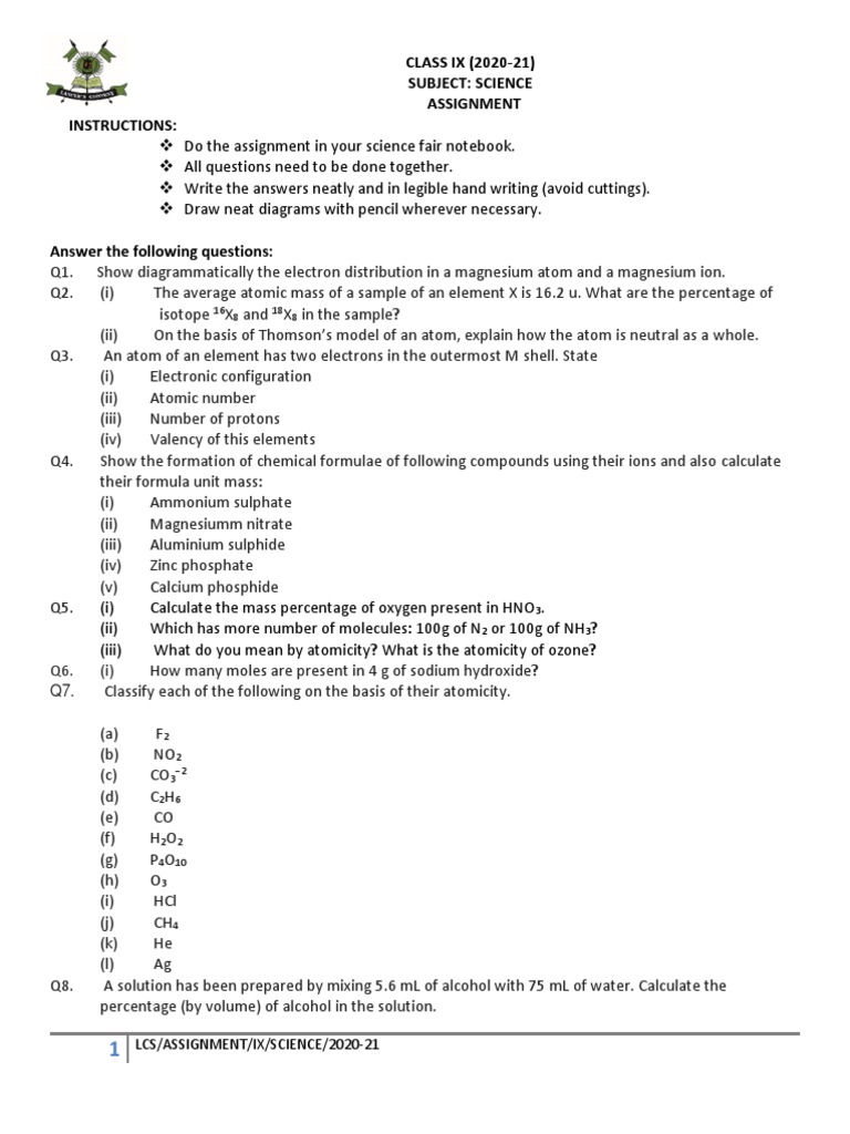 Class Ix - Science Holiday Assignment | PDF | Acceleration | Atoms