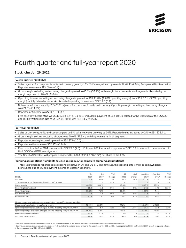 Ericsson Q4 2020 Financial Highlights | PDF | Revenue | Research And ...