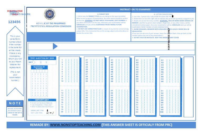Sample Answer Sheet 1-100 | Test (Assessment) | Test/Examination
