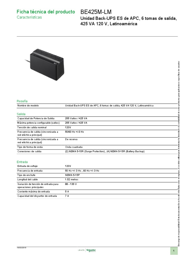 BE425M-LM Back-UPS APC 6 Tomas, 425VA 120V | PDF | Energia electrica ...