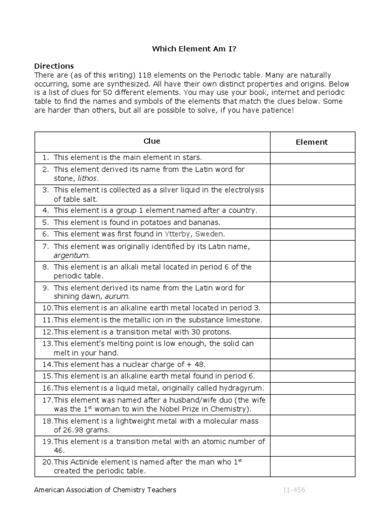 Element Identification Clues Quiz | PDF | Chemical Elements | Periodic ...