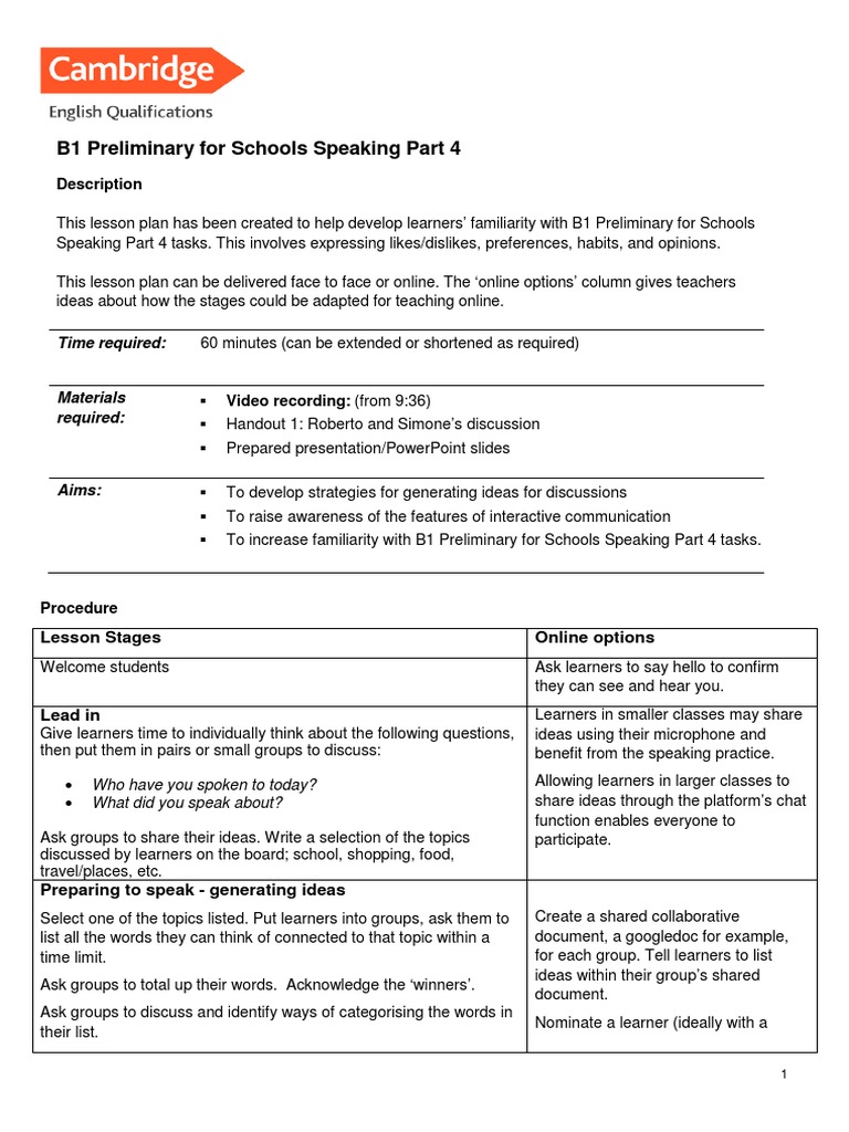 B1 Preliminary For Schools Speaking Part 4 | PDF | Lesson Plan ...