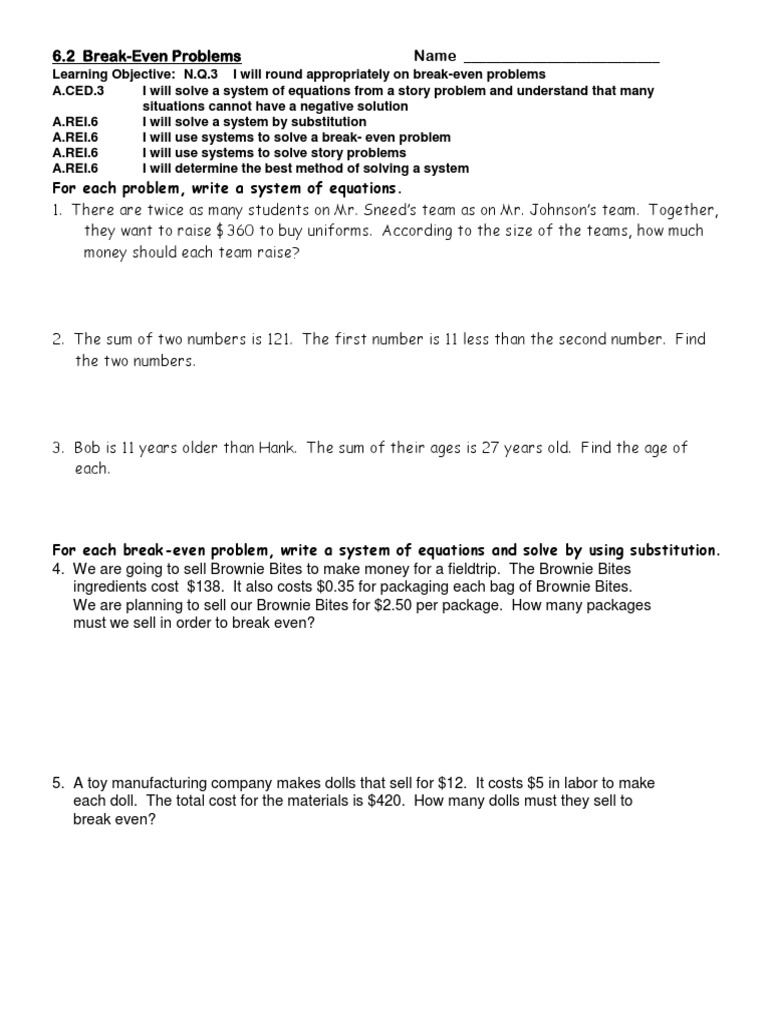 6.2 Break-Even Problems Name | PDF | Mower | Teaching Mathematics