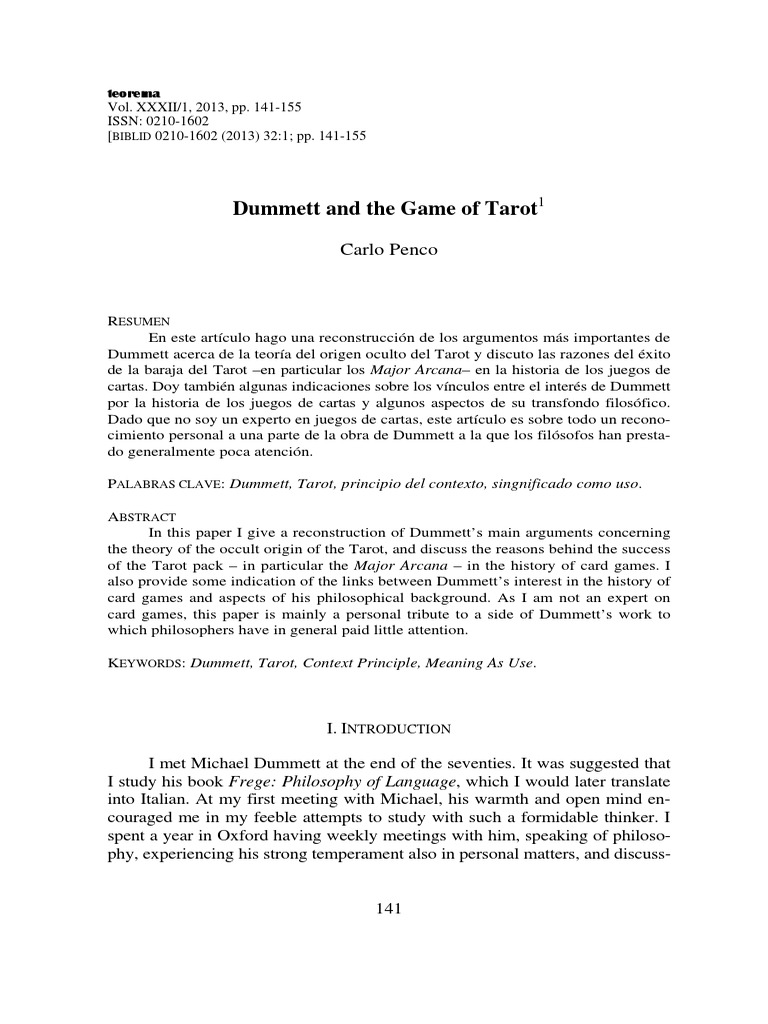 Dummett and The Game of Tarot: Carlo Penco | PDF | Major Arcana | Tarot