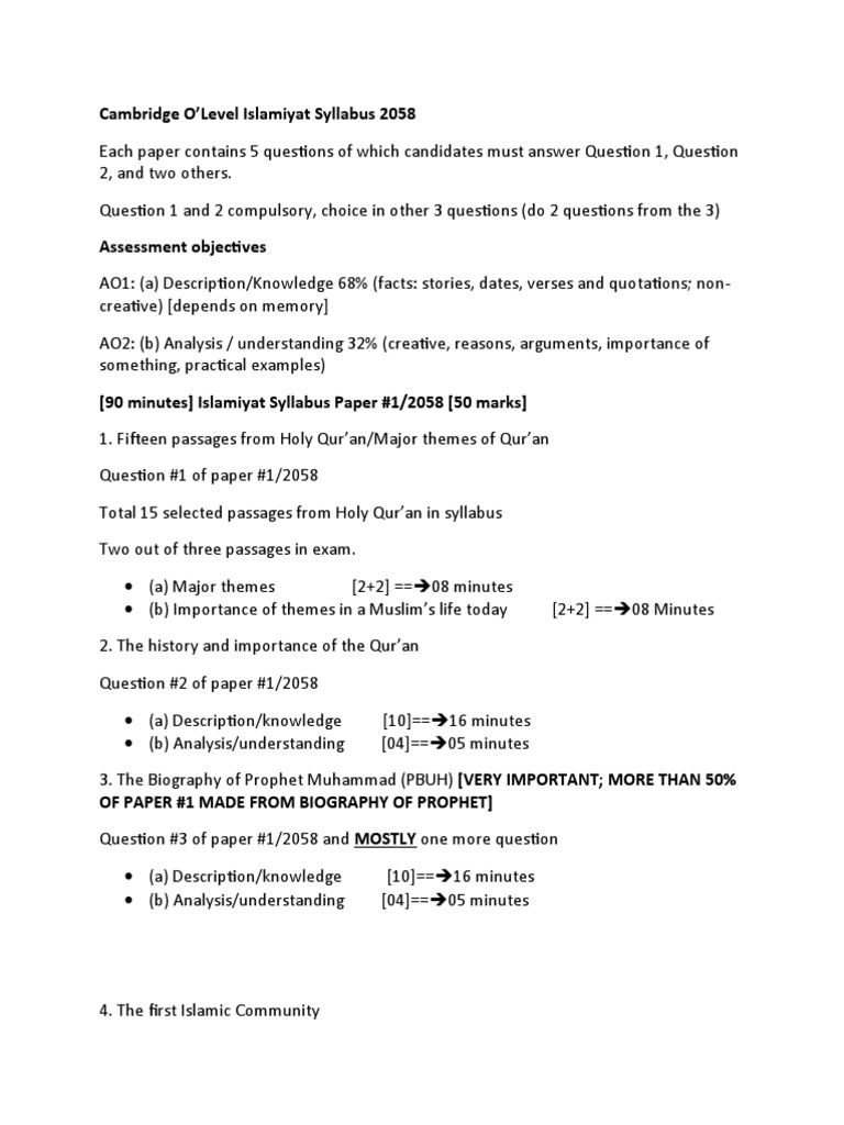 Cambridge O'Level Islamiyat Syllabus 2058 | PDF | Quran | Islam