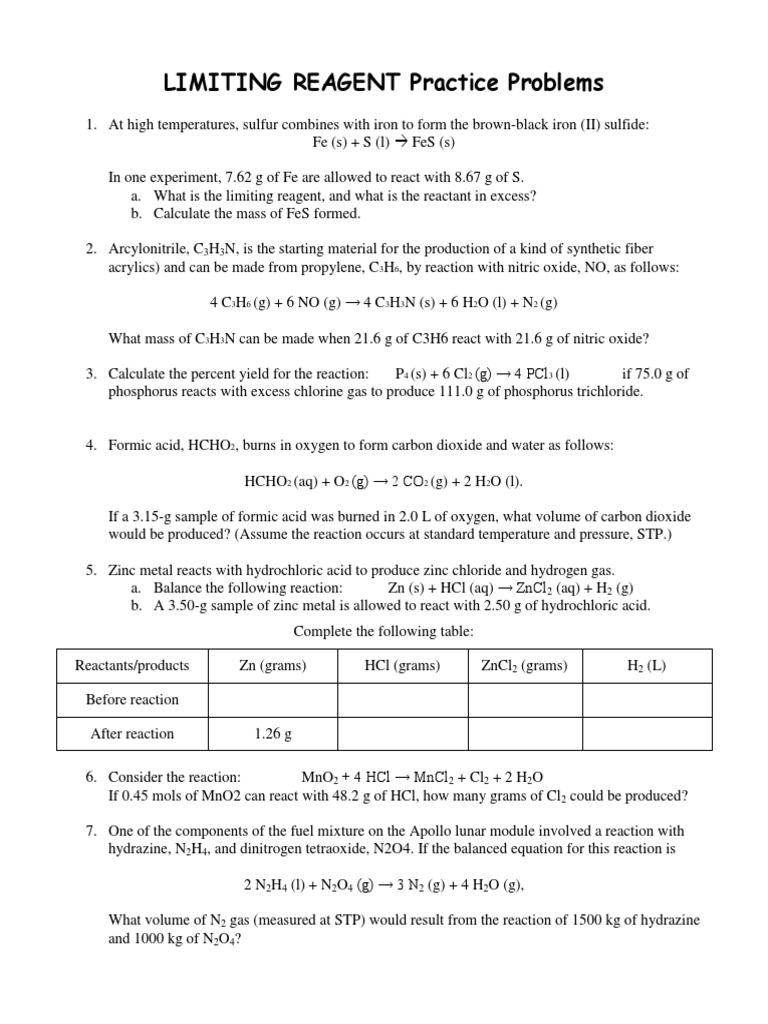 Limiting Reagent Practice Problems | PDF | Chlorine | Chemical Reactions