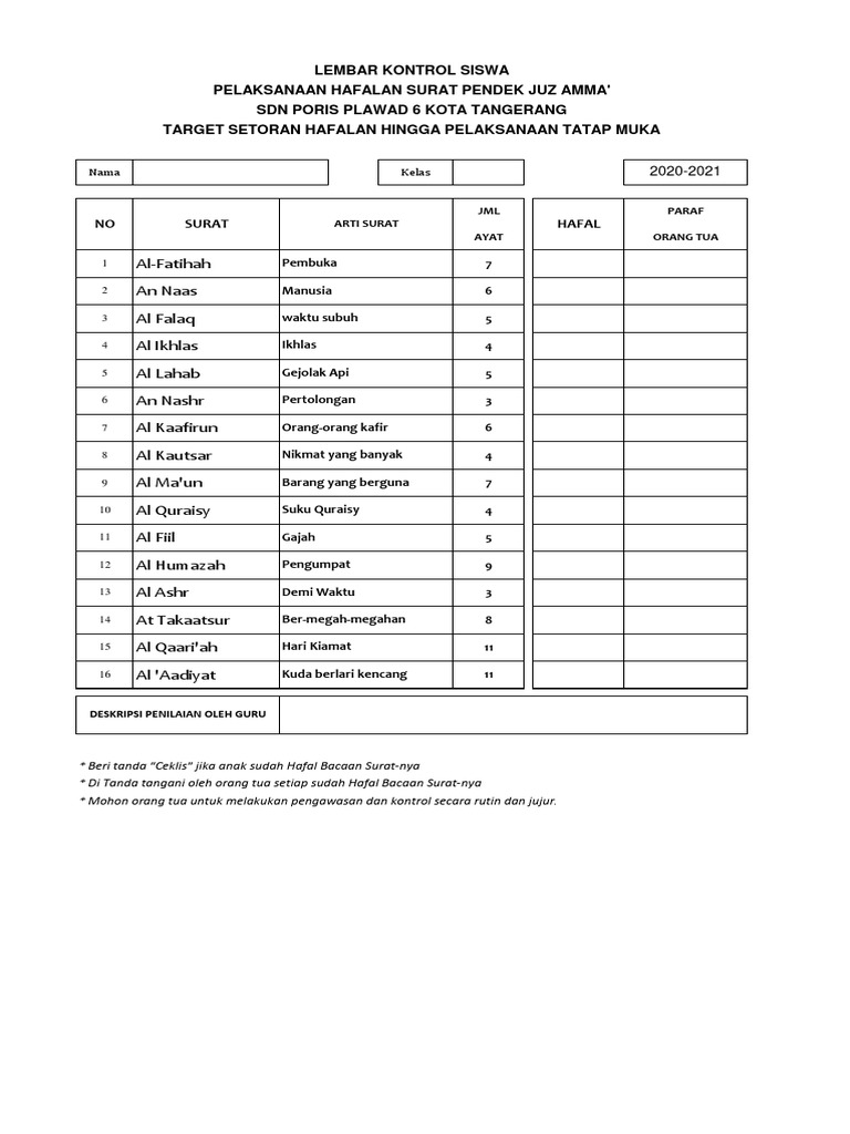 PP 6 Lembar Kontrol Hafalan Kls 3 | PDF