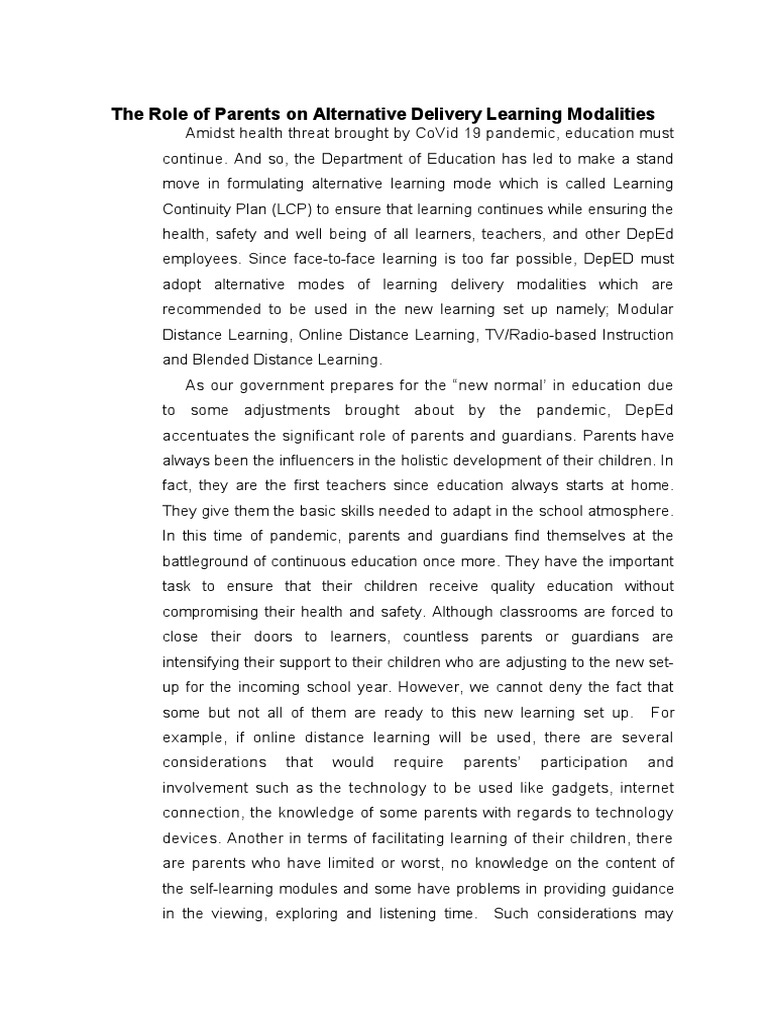 The Role of Parents On Alternative Delivery Learning Modalities | PDF ...