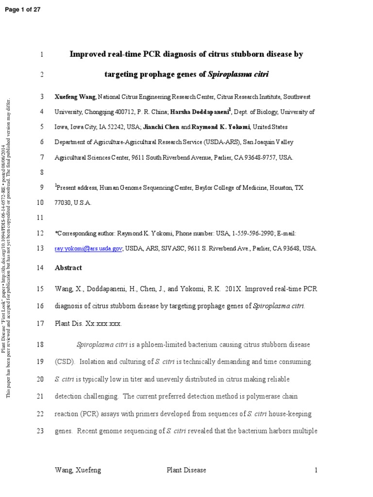 (Spiroplasma Citri) Wang2015 | PDF | Real Time Polymerase Chain ...