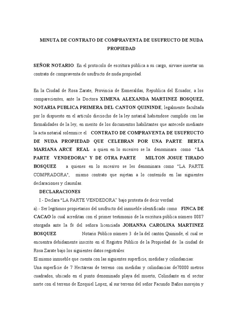 Minuta de Compraventa de Usufructo de Nuda Propiedad | PDF | Ley común | Derecho y economía