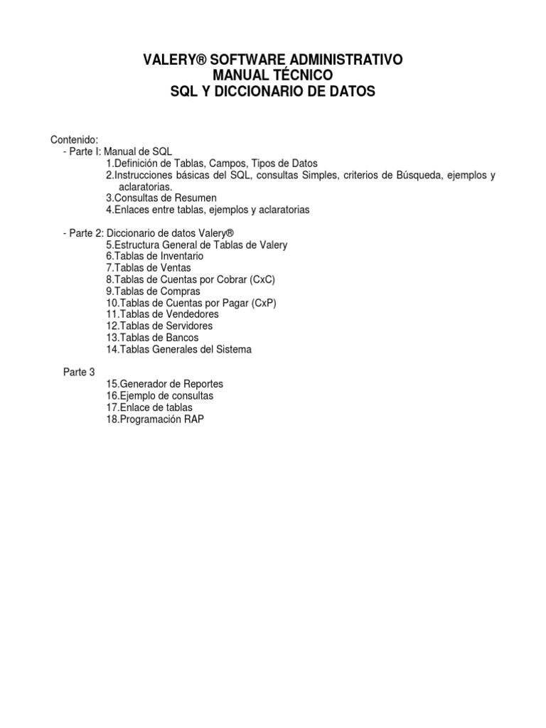 Diccionario SQL Valery | PDF | SQL | Datos de computadora