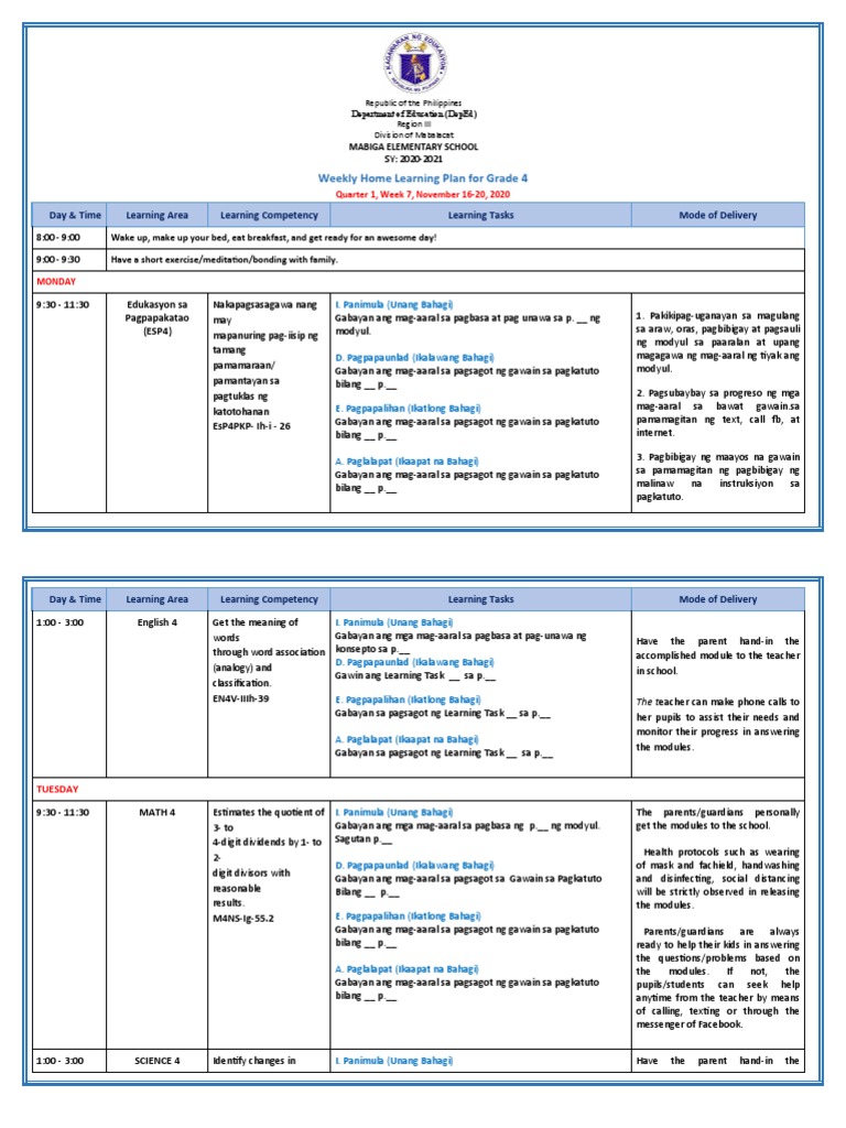 Grade 4 All Subjects WHLP q1 w7 | PDF