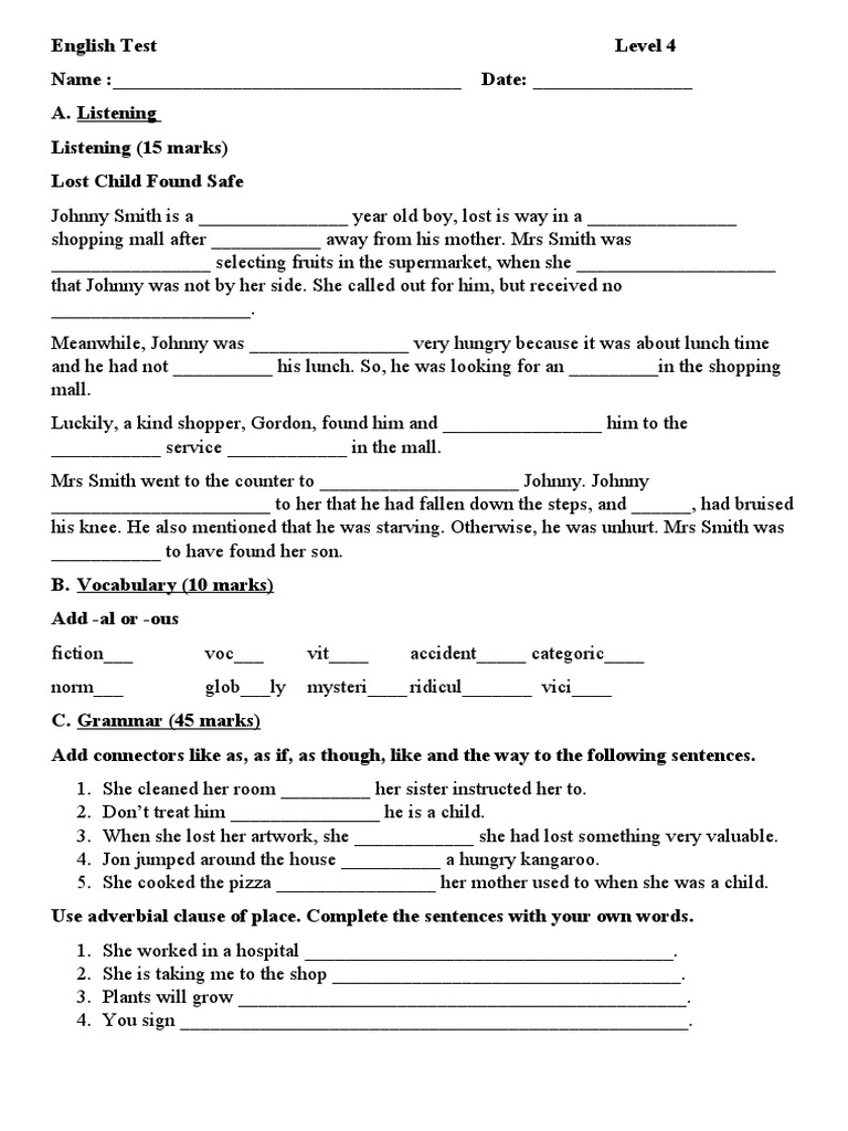 Level 4 English Test Sample | PDF