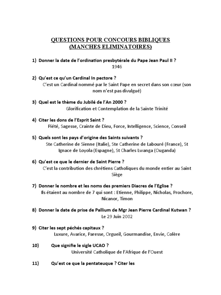 Questions pour Concours Bibliques | PDF | Pape | Jean-Paul II