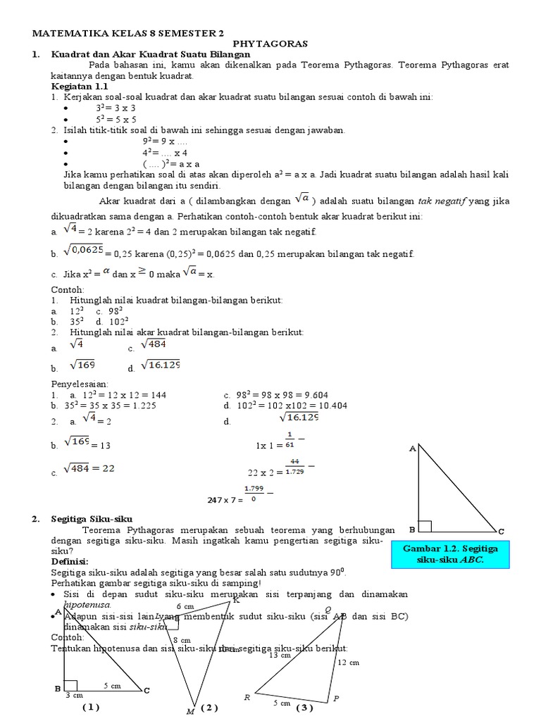 Matematika Kelas 8 Semester 2 Phytagoras | PDF