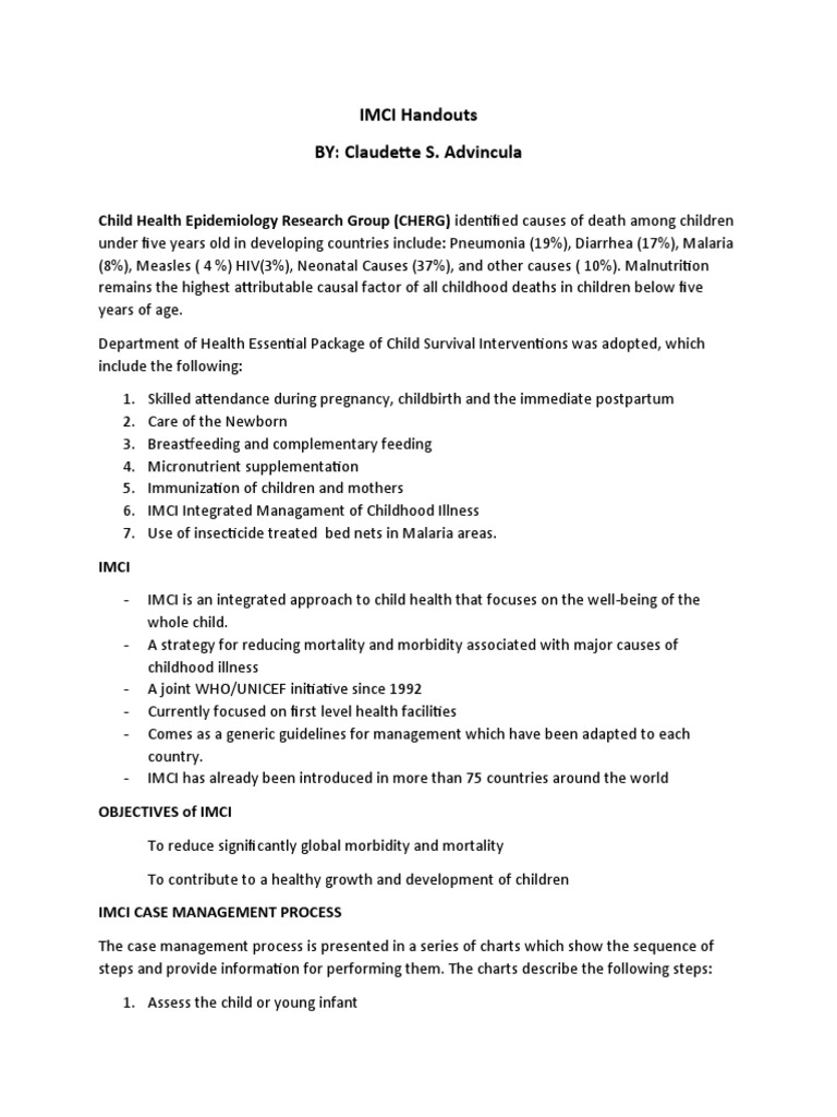 IMCI Handouts BY: Claudette S. Advincula | PDF | Diarrhea | Breastfeeding