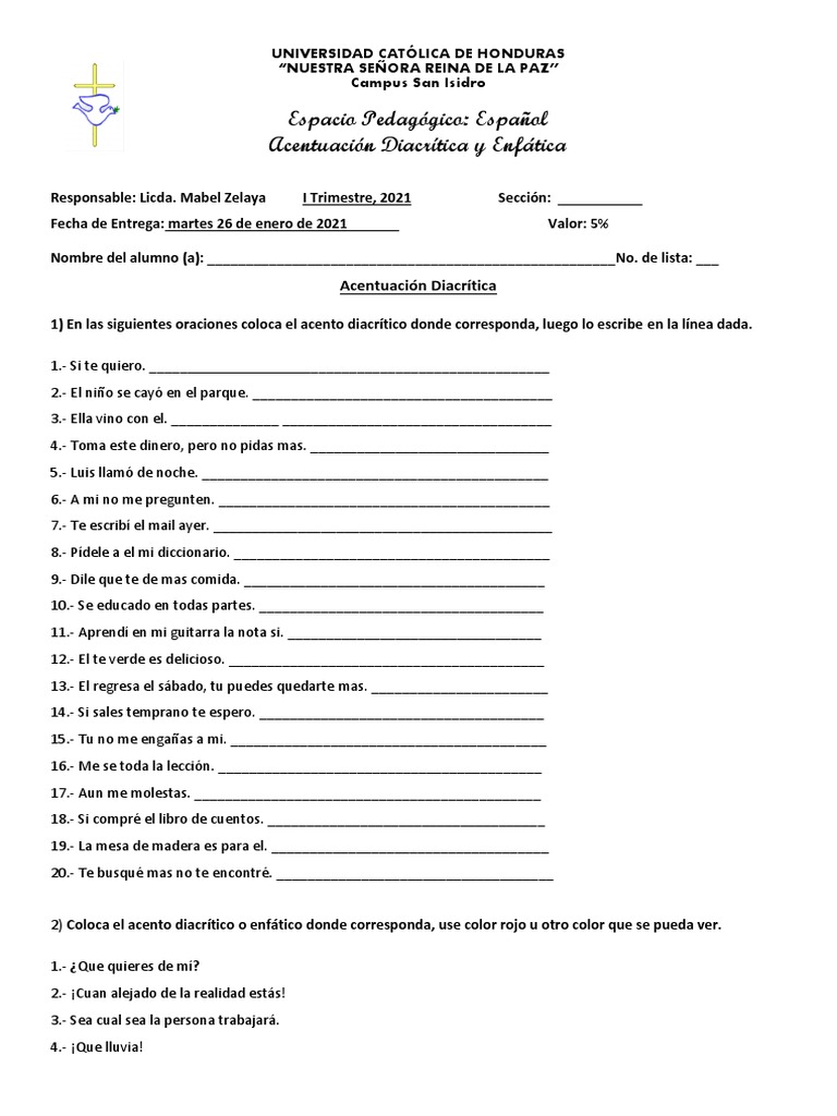 Ejercicios Sobre El Acento Diacrítico y Enfático | PDF
