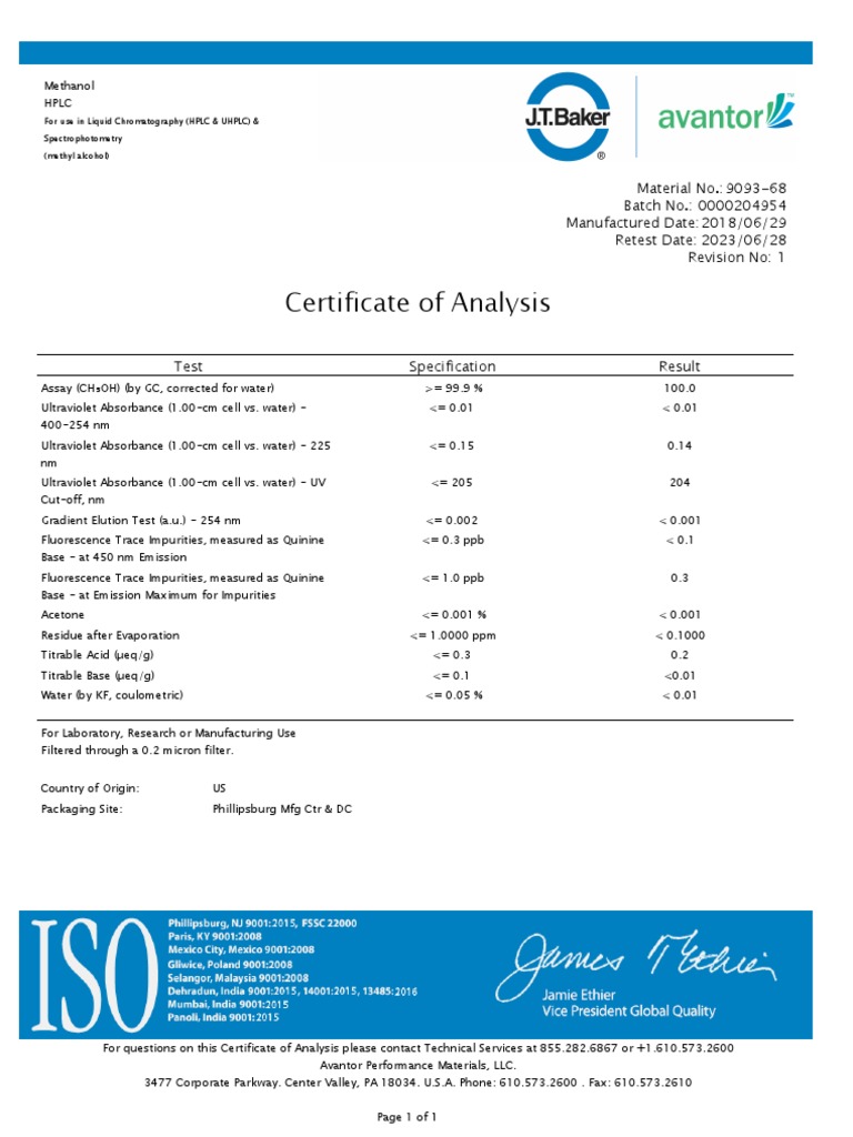 Certificate of Analysis | PDF | High Performance Liquid Chromatography ...