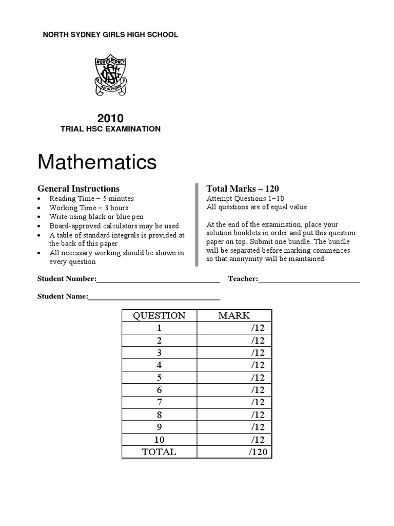 Nsghs 2010 2u Trial | PDF | Tangent | Triangle