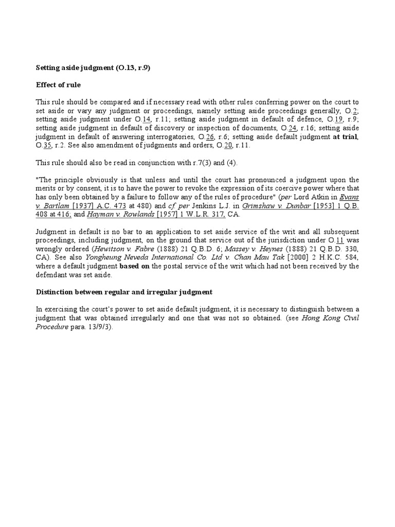 Hong Kong Civil Procedure - Order 13 Setting Aside Default Judgment | PDF | Default Judgment ...