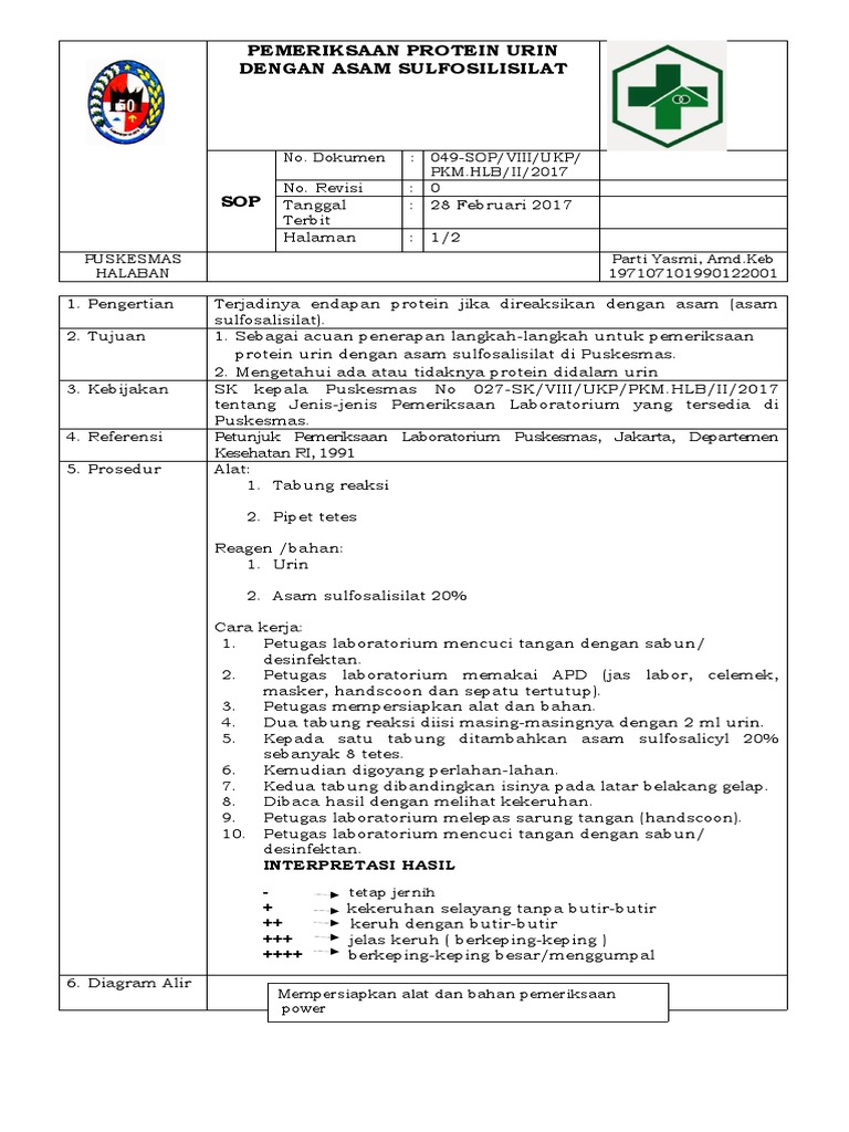 SOP Pemeriksaan Protein Urin Asam Sulfosalisilat | PDF