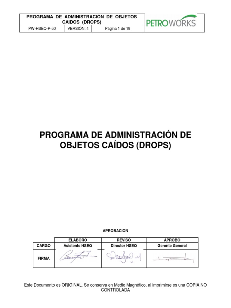 Un programa integral para la prevención de objetos caídos" El documento ...