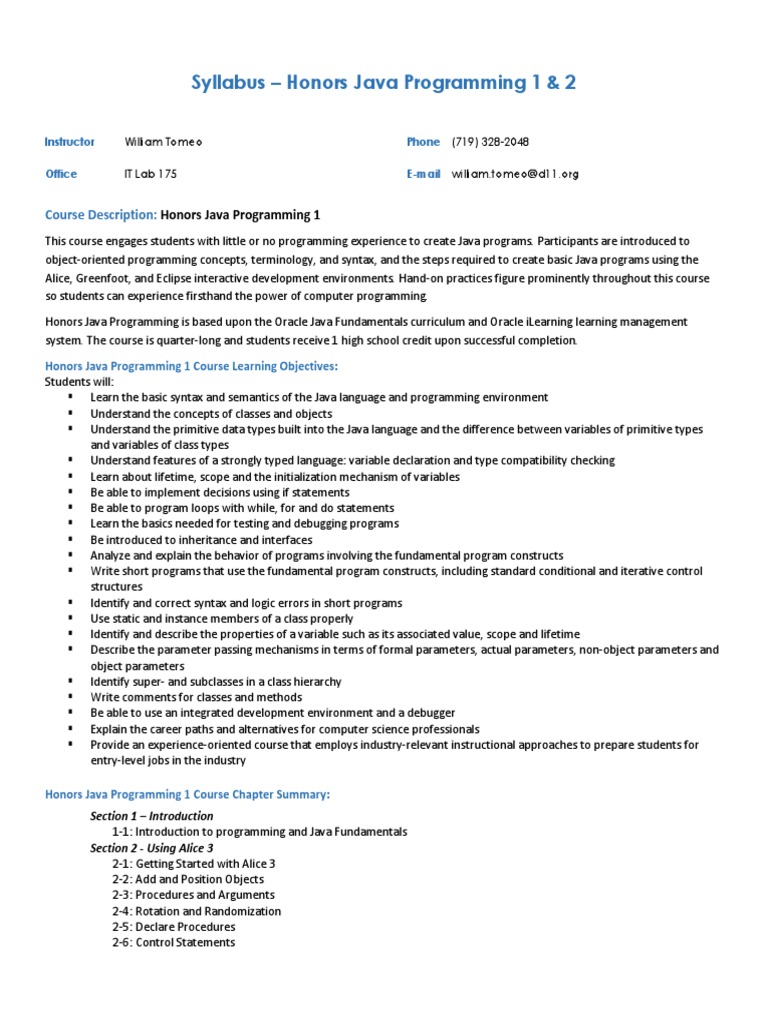 Java Fundamentals Java Programming Syllabus Rev Spring 2018 | PDF ...