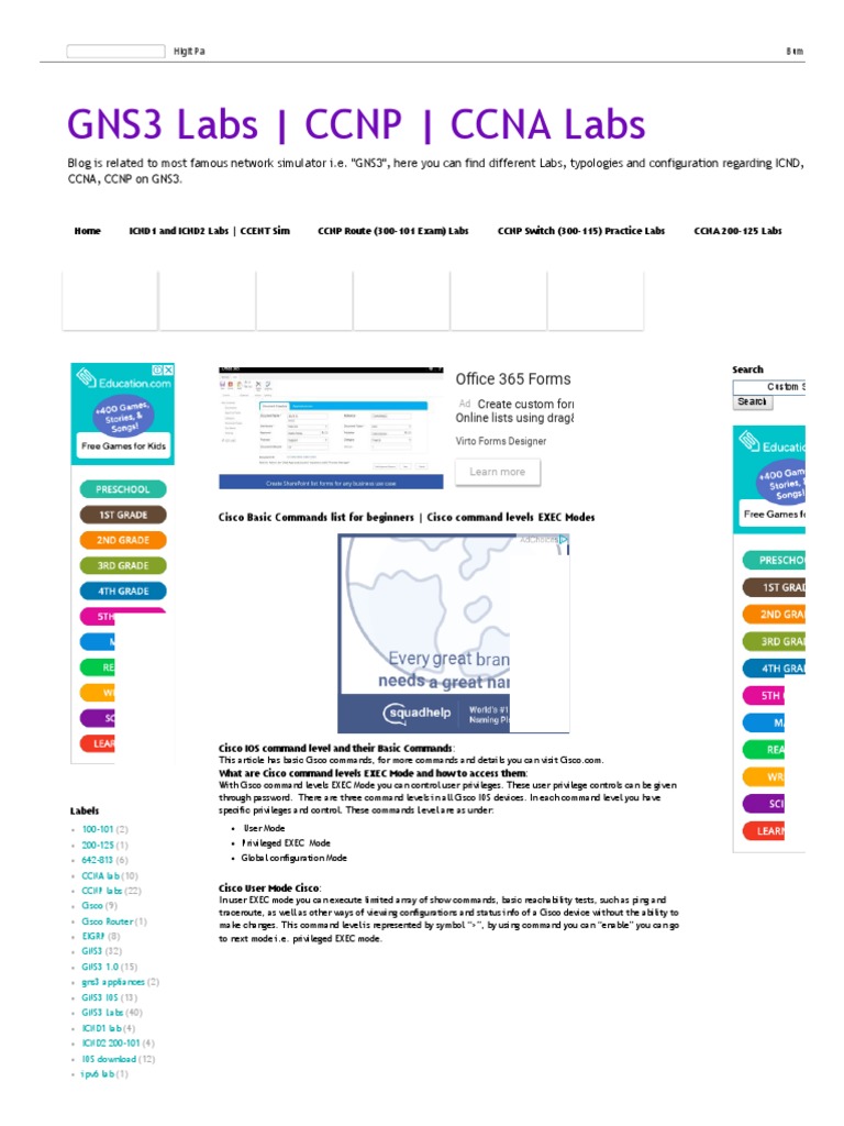 GNS3 Labs - CCNP - CCNA Labs - Cisco Basic Commands List For Beginners - Cisco Command Levels ...