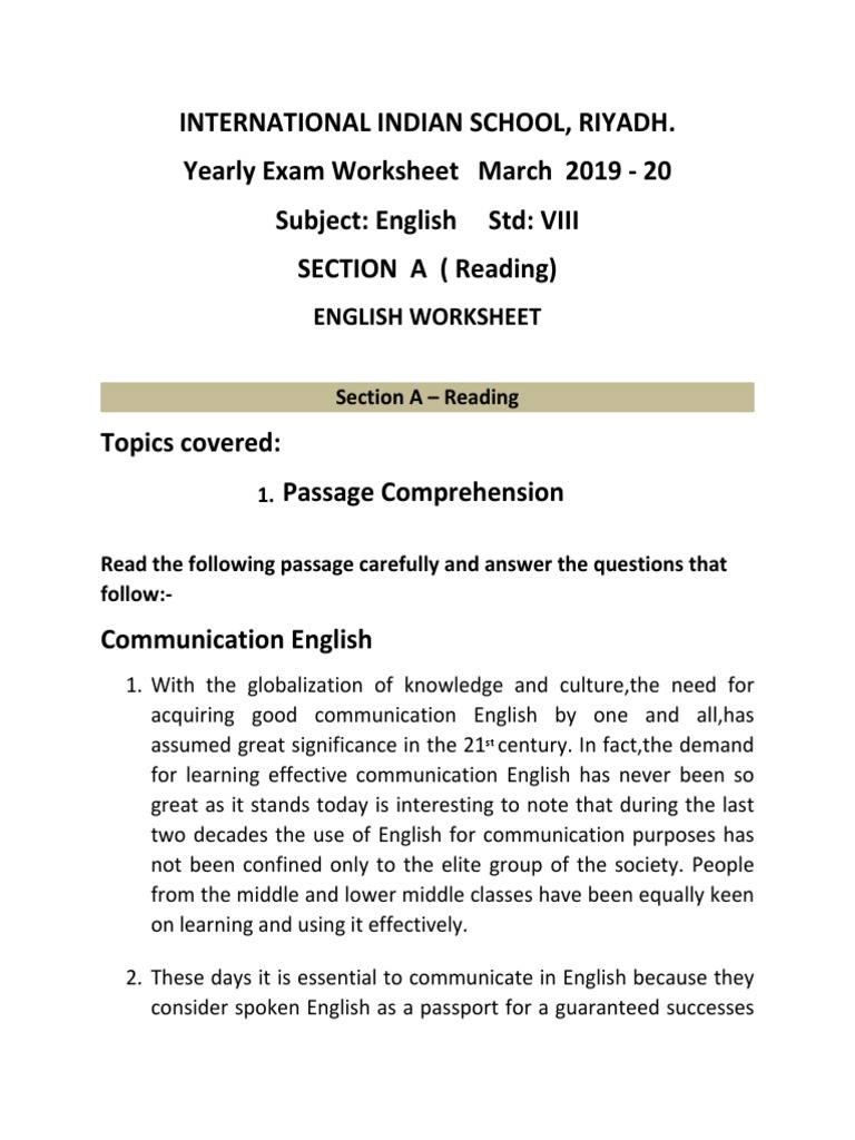 International Indian School, Riyadh. Yearly Exam Worksheet March 2019 ...