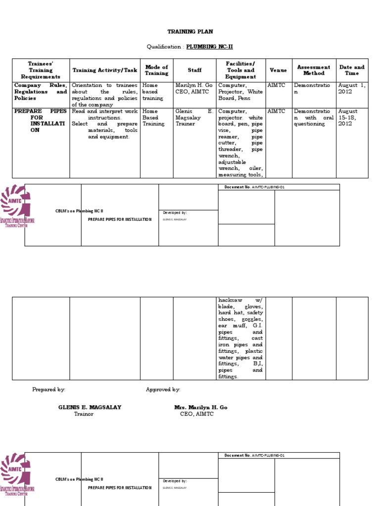Plumbing TRAINING PLAN | PDF