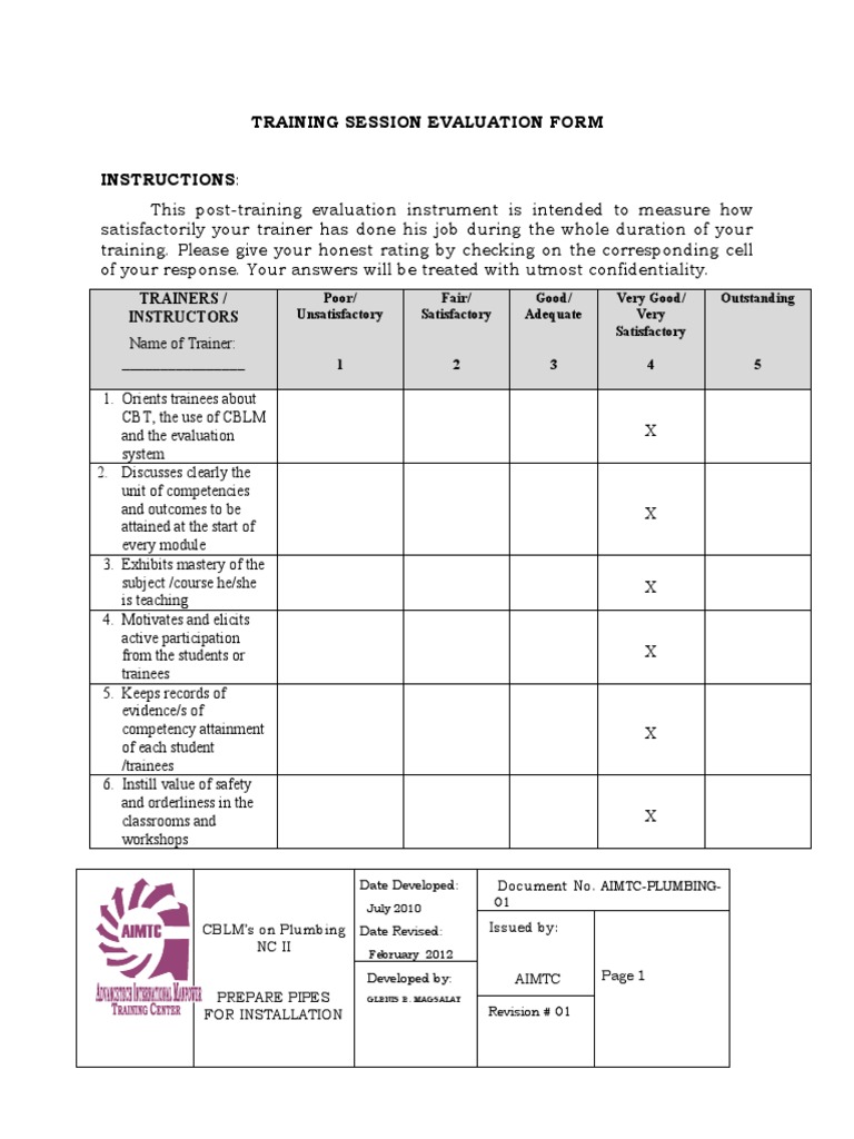 Plumbing Training Evaluation Form | PDF | Competence (Human Resources ...