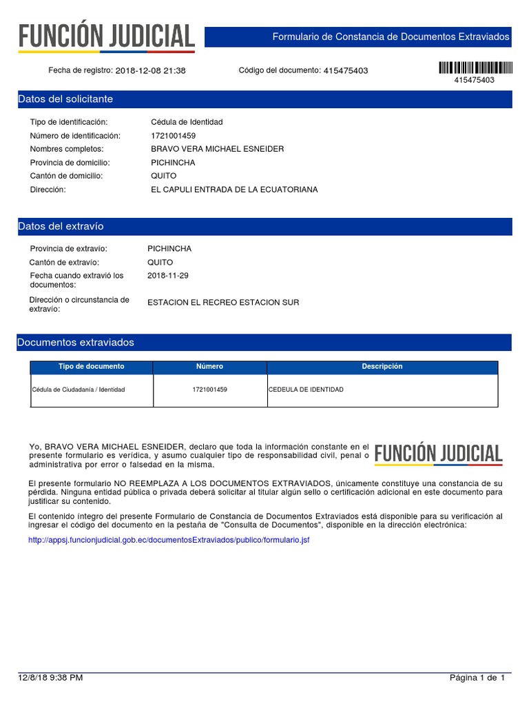 Constancia de Pérdida de Cédula | PDF | Derecho