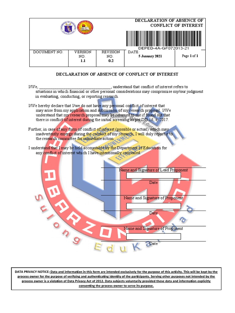 Declaration of Absence of Conflict of Interest | PDF | Conflict Of Interest | Signature