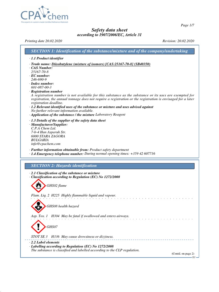 Safety Data Sheet: SECTION 1: Identification of The Substance/mixture and of The Company ...